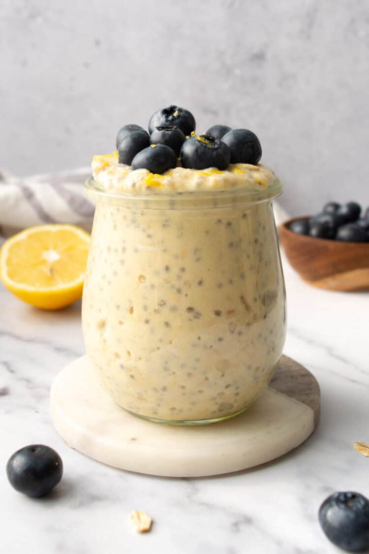 High Protein Lemon Blueberry Overnight Oats - Emily Maude Nutrition